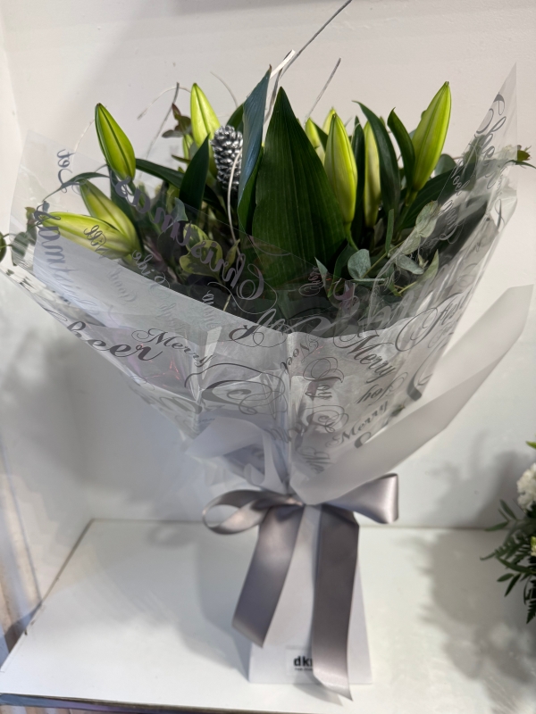 Maria’s Christmas white mini lily handtied bouquet delivered in water ...